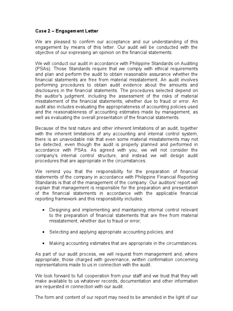 Case 2 - Engagement Letter | PDF | Financial Audit | Internal Control
