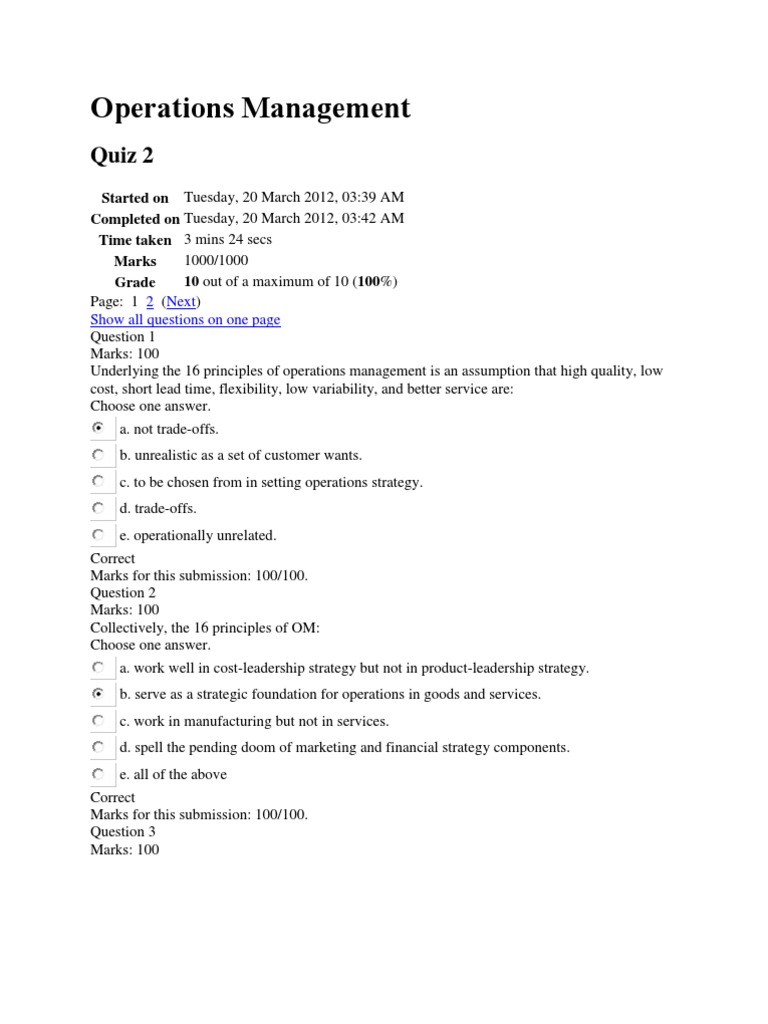 Operations Management Quiz and Answers | PDF | Operations Management ...