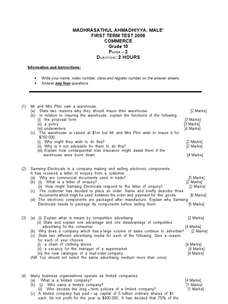 commerce first term 2008 grade 10 paper 2.doc | Interest | Credit
