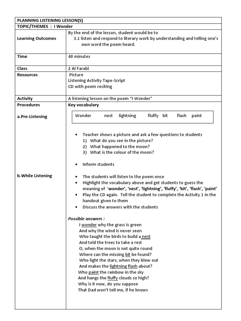 Planning Listening Lesson (S) Topic/Themes: I Wonder Learning Outcomes ...