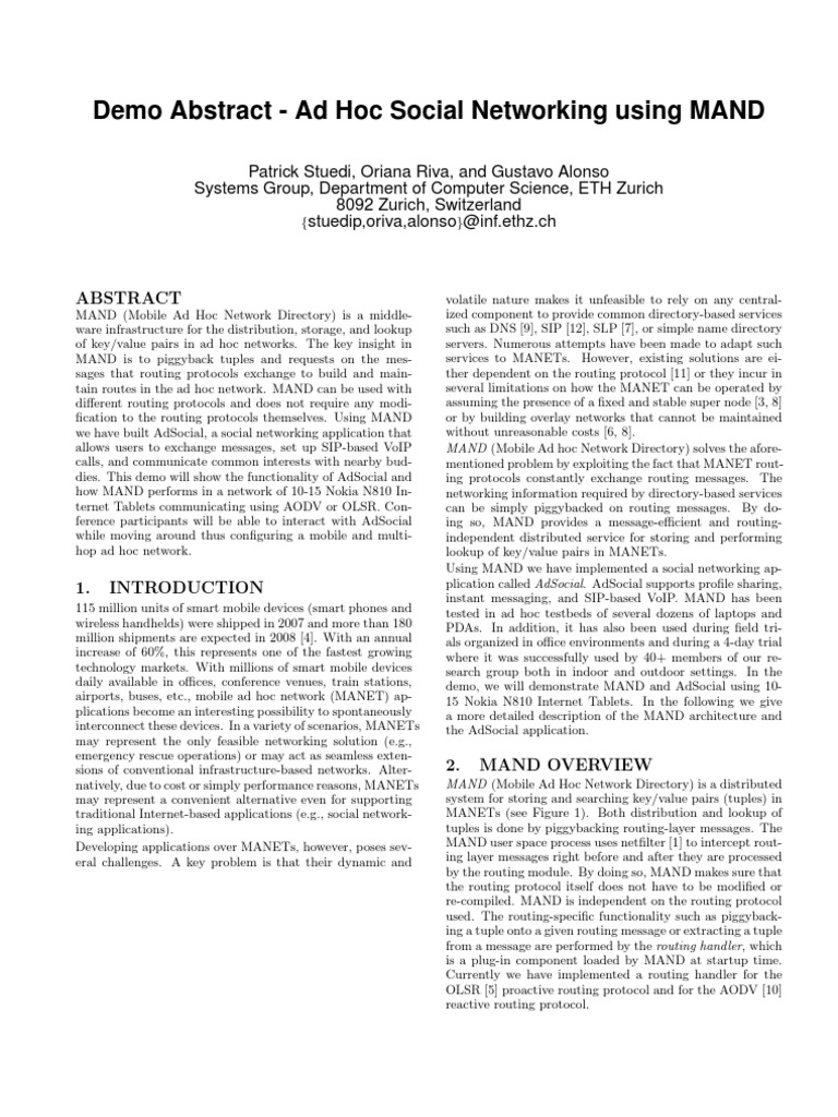 Demo Abstract - Ad Hoc Social Networking Using MAND | PDF | Proxy ...