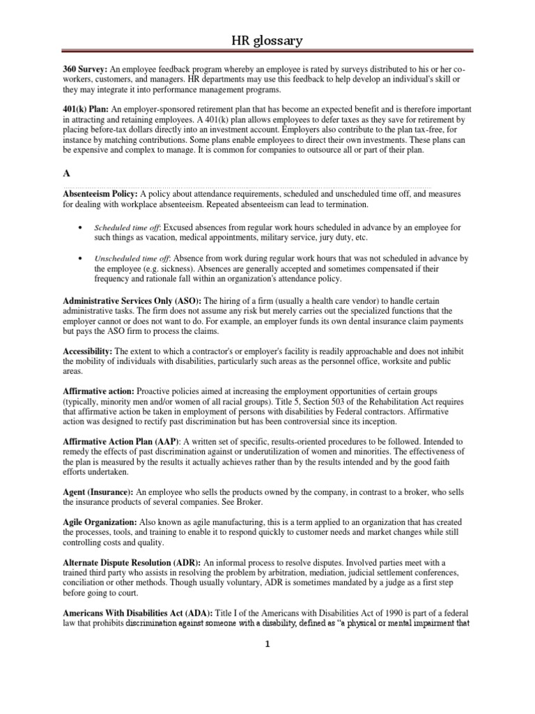 Comprehensive HR Glossary Terms | PDF | Employee Benefits | Employment