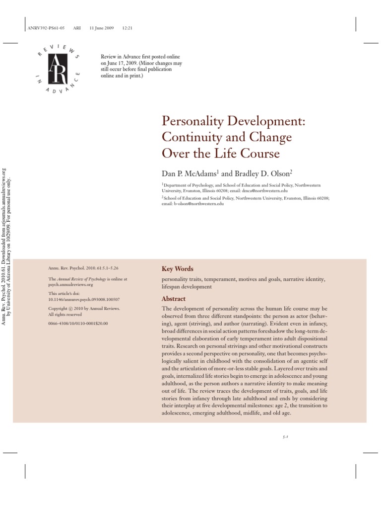 Dan McAdams & Olson (2010) Personality Development | PDF | Personality ...