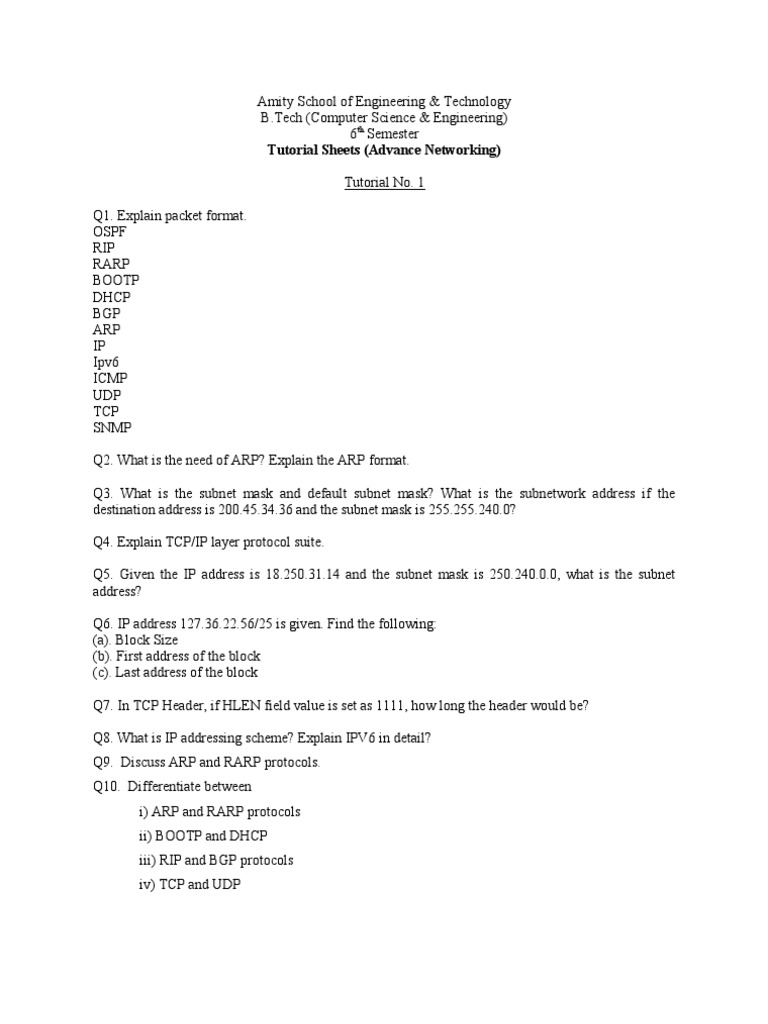 Advanced Networking Tutorial Sheets | PDF | Osi Model | Computer Network