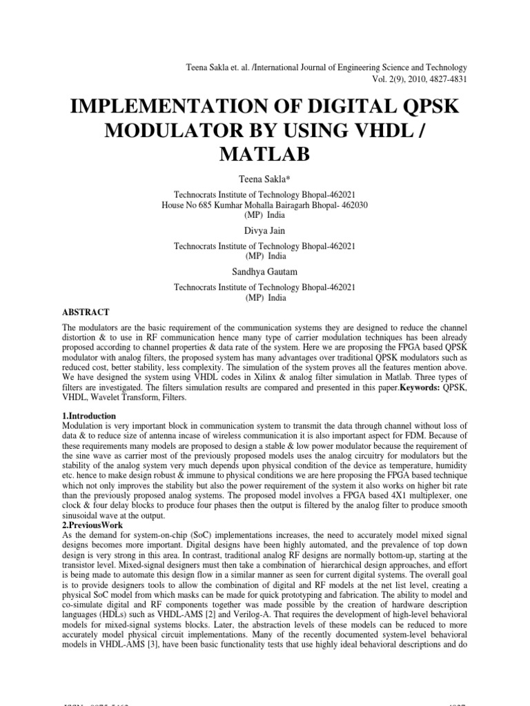 Implementation Of Digital Qpsk Modulator By Using Vhdl Matlab Pdf
