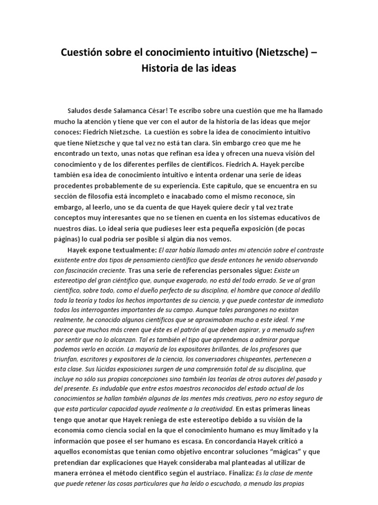 Cuestión Sobre El Conocimiento Intuitivo | PDF | Friedrich Hayek | Science