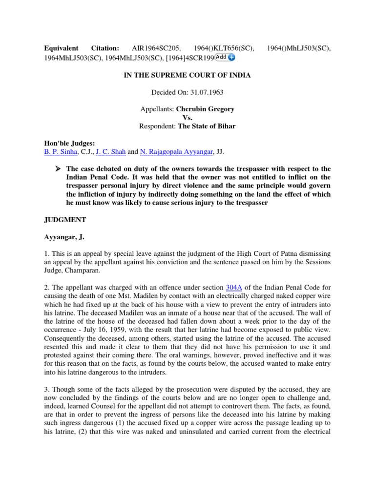 Cherubin Gregory v. State of Bihar | PDF | Tort | Recklessness (Law)