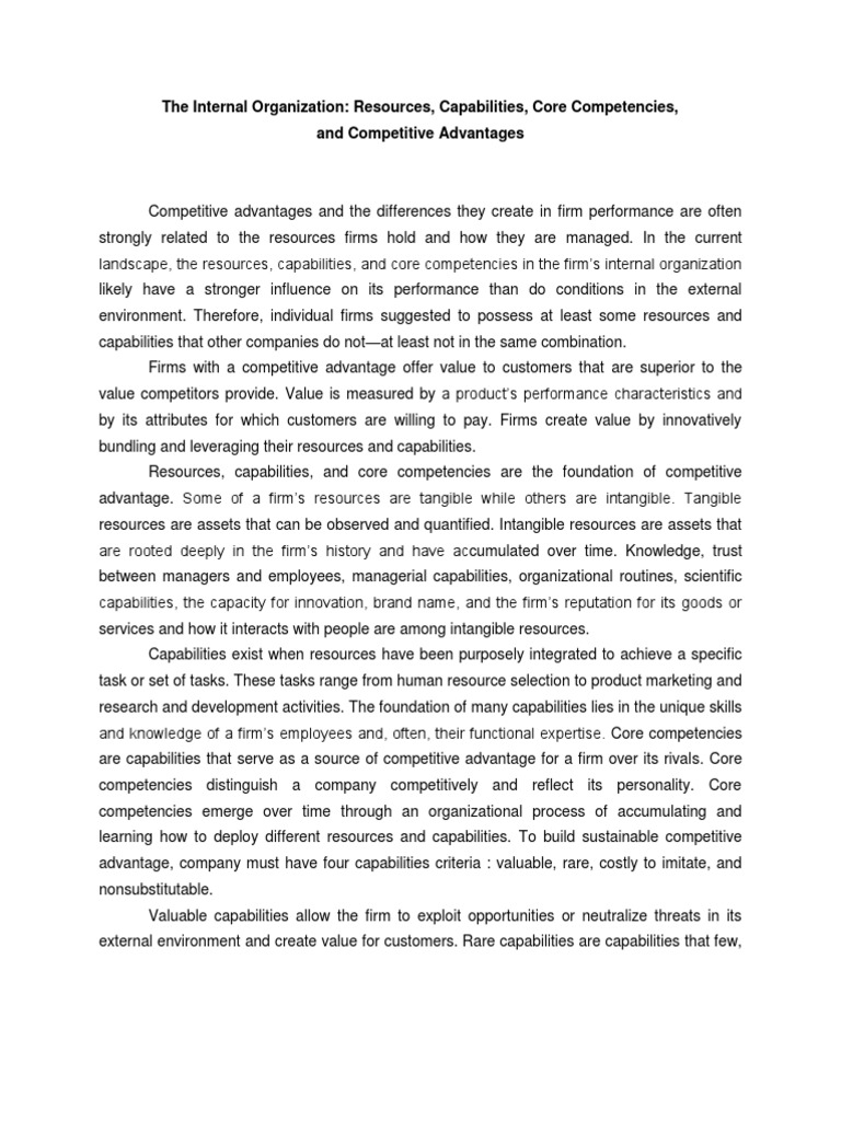 The Internal Organization: Resources, Capabilities, Core Competencies ...