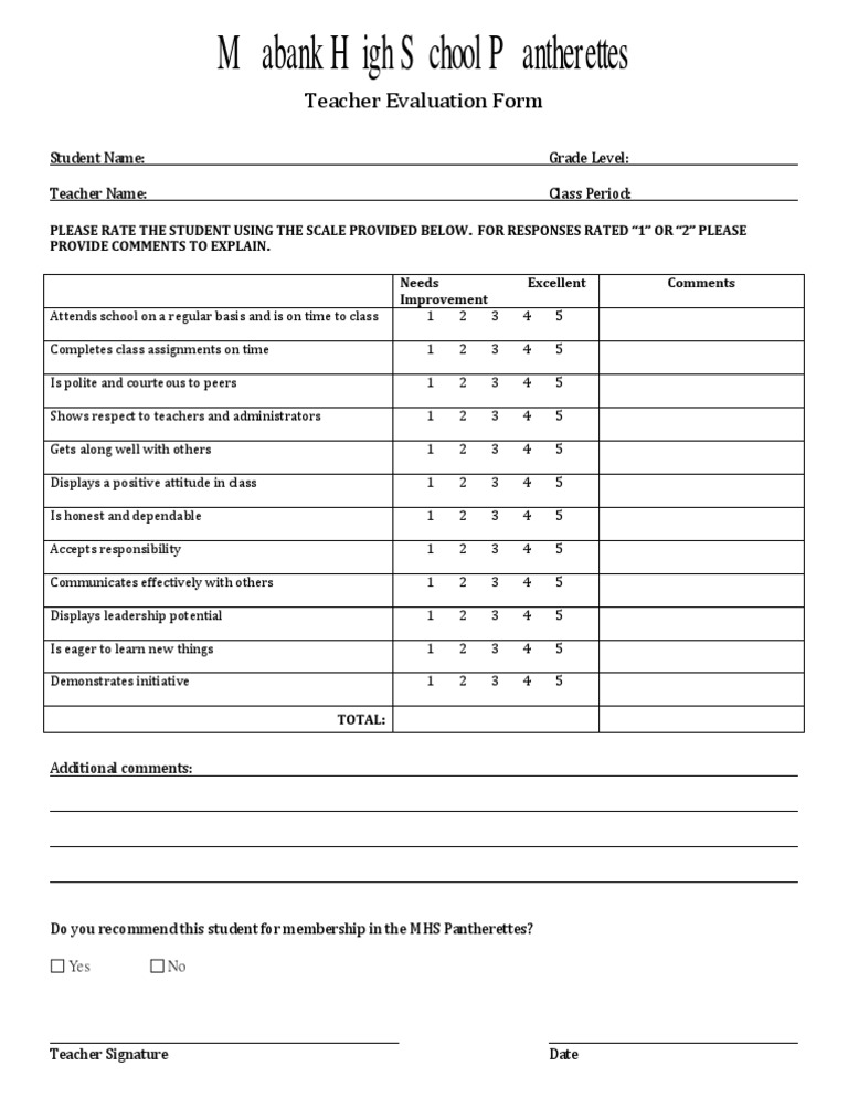 Teacher Evaluation Form | PDF