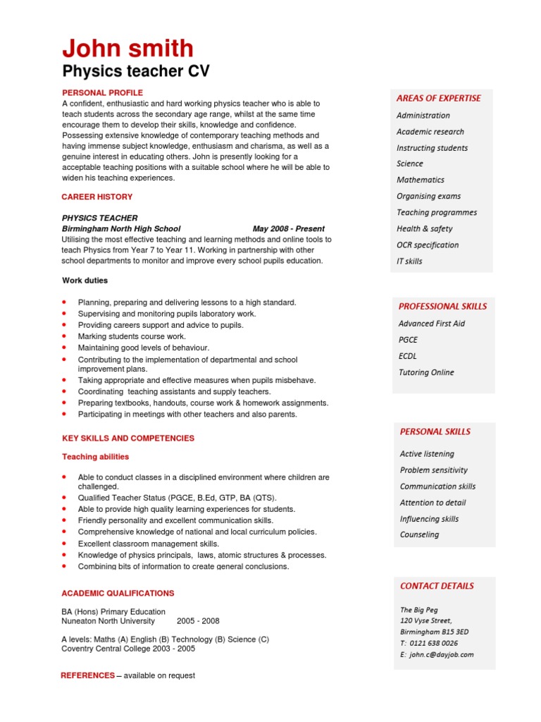 Physics Teacher CV Template | PDF | Secondary School | Teachers