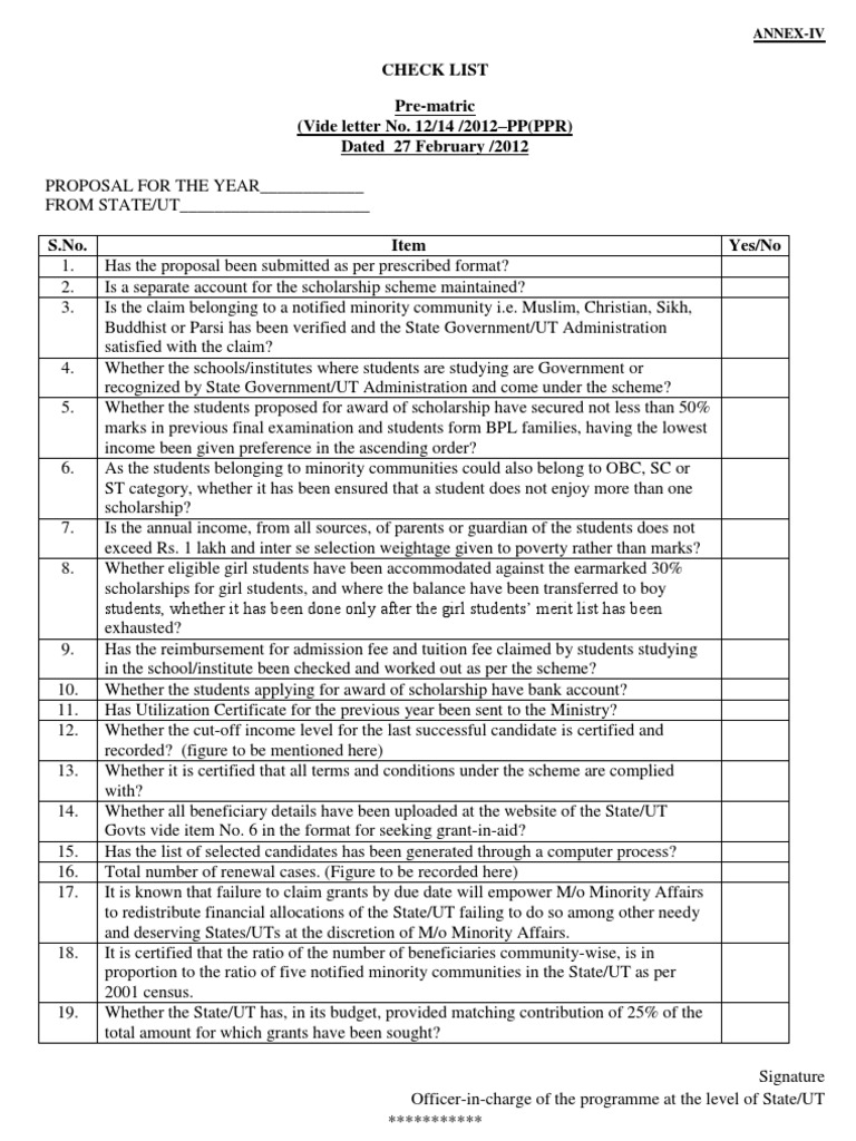 Checklist For Pre Matric Scholarship Proposal Submission Pdf