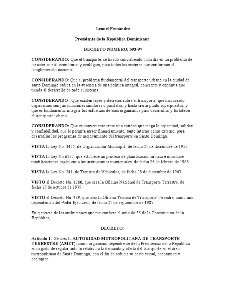 Decreto que crea la Autoridad Metropolitana de Transporte Terrestre ...