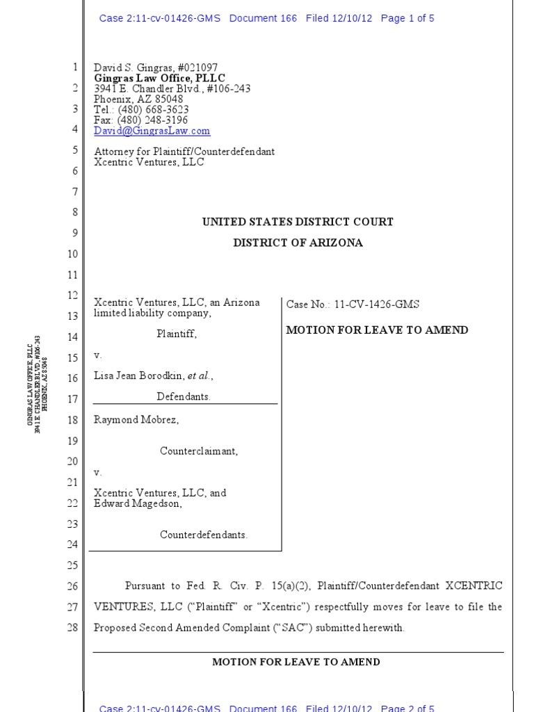 Motion to Amend Complaint for Xcentric | PDF | Federal Rules Of Civil ...