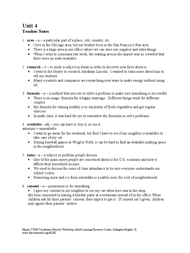 Unit 4: Teacher Notes | PDF | Vocabulary | Wellness