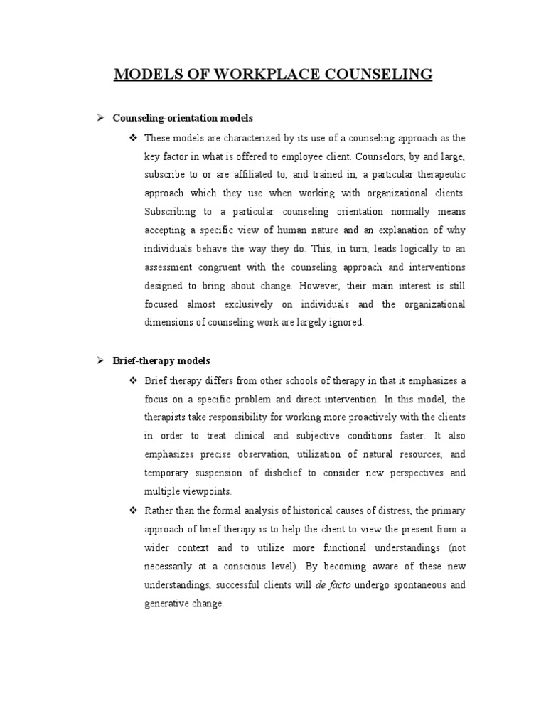 Models of Workplace Counseling Approaches | PDF | School Counselor ...