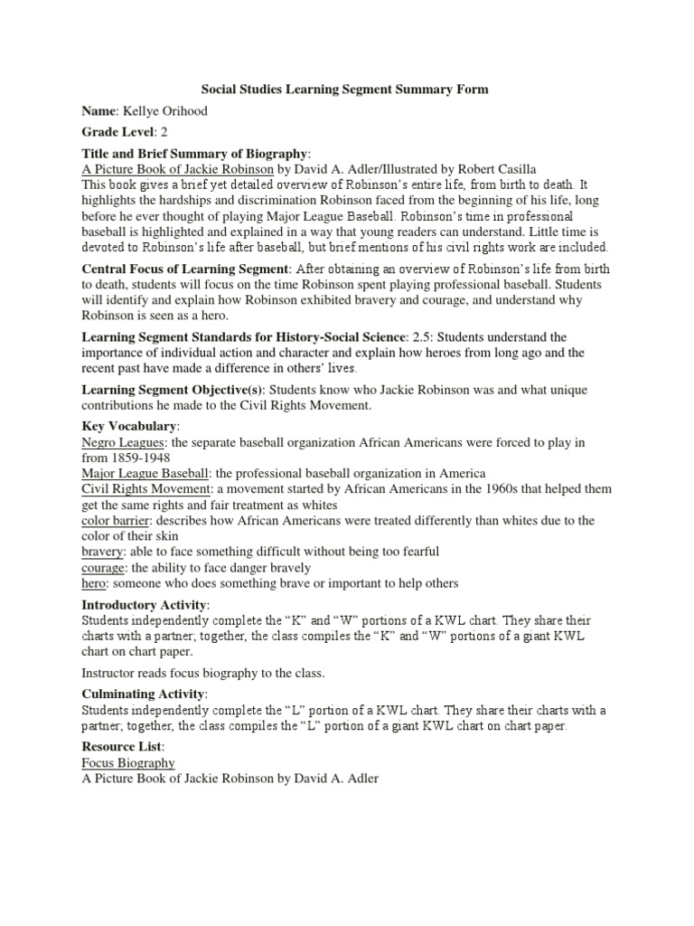 Jackie Robinson Unit Plan | PDF | Reading Comprehension | Reading (Process)