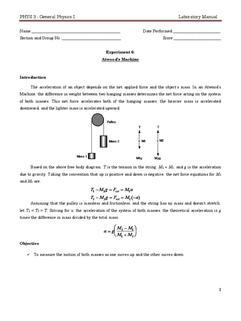 ACT6 Atwood's Machine | PDF | Acceleration | Dynamics (Mechanics)