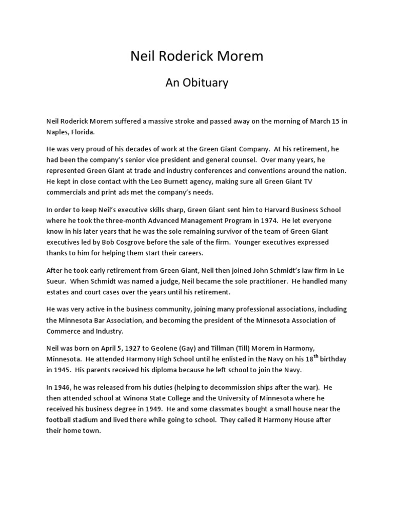 Neil Roderick Morem Obituary | PDF | Travel