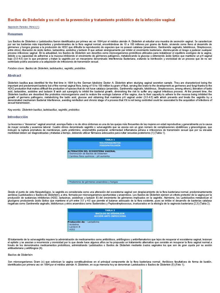 Bacilos de Döderlein y Su Rol en La Prevención y Tratamiento Probiótico ...