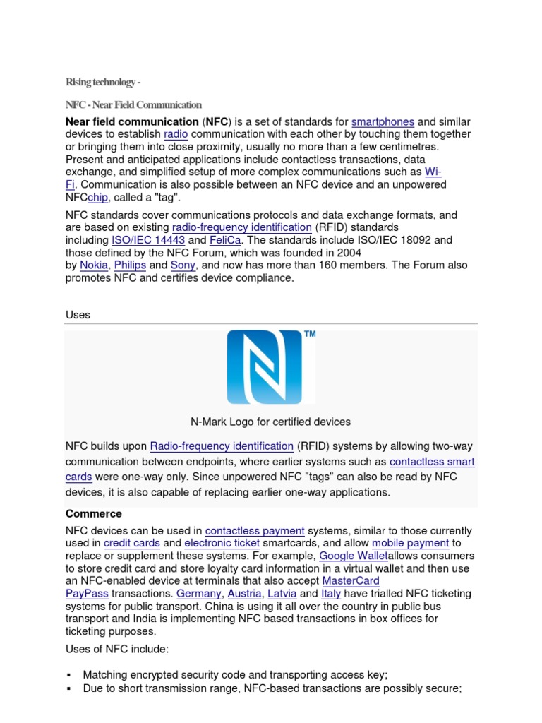 Near Field Communication (NFC) Is A Set of Standards For | PDF | Near ...