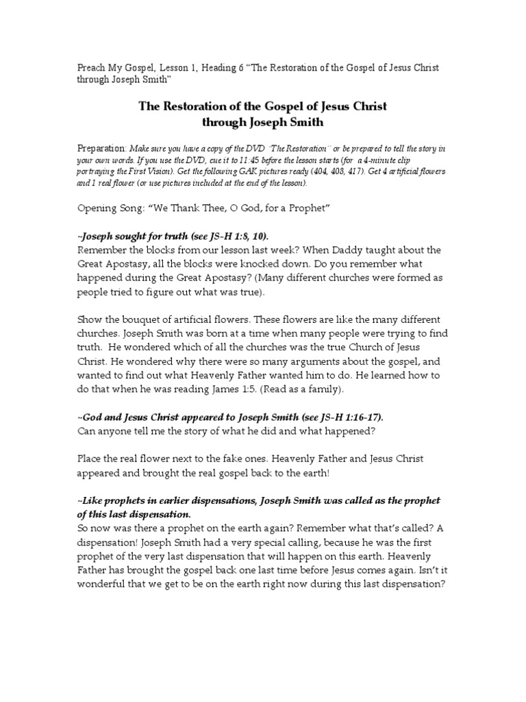 Lesson 1 Heading 6 The Resoration of The Gospel of Jesus Christ | PDF ...
