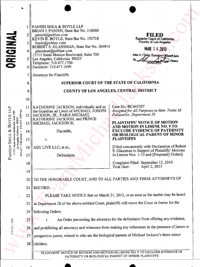 Motion in Limine No.9 To Exclude Evidence of Paternity or Biological ...