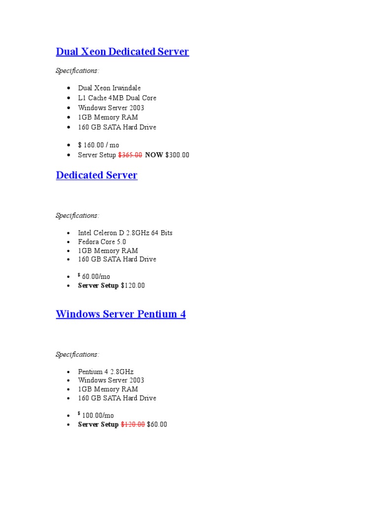 Dual Xeon Dedicated Server Specs | PDF