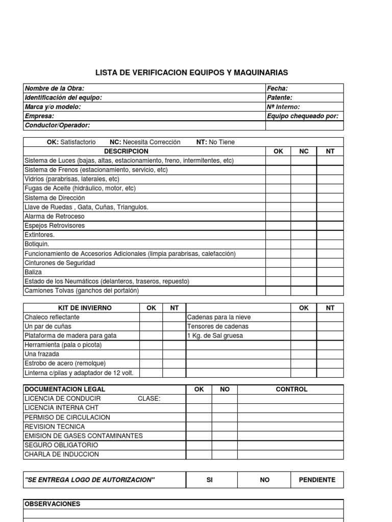 Check List Equipos y Maquinarias (1) | Automóviles | Vehículos de ruedas