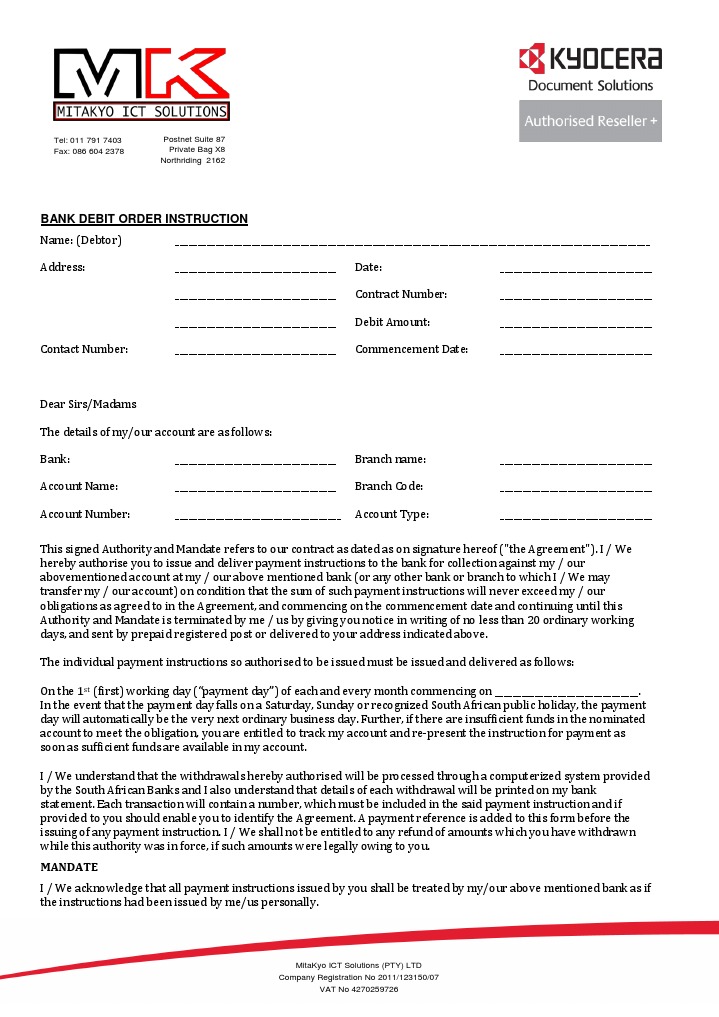 Mitakyo Ict Solutions Debit Order Form | PDF | Payments | Debit Card
