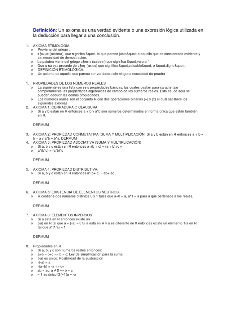 Axiomas en Matemáticas y sus Tipos | PDF | Números | Axioma