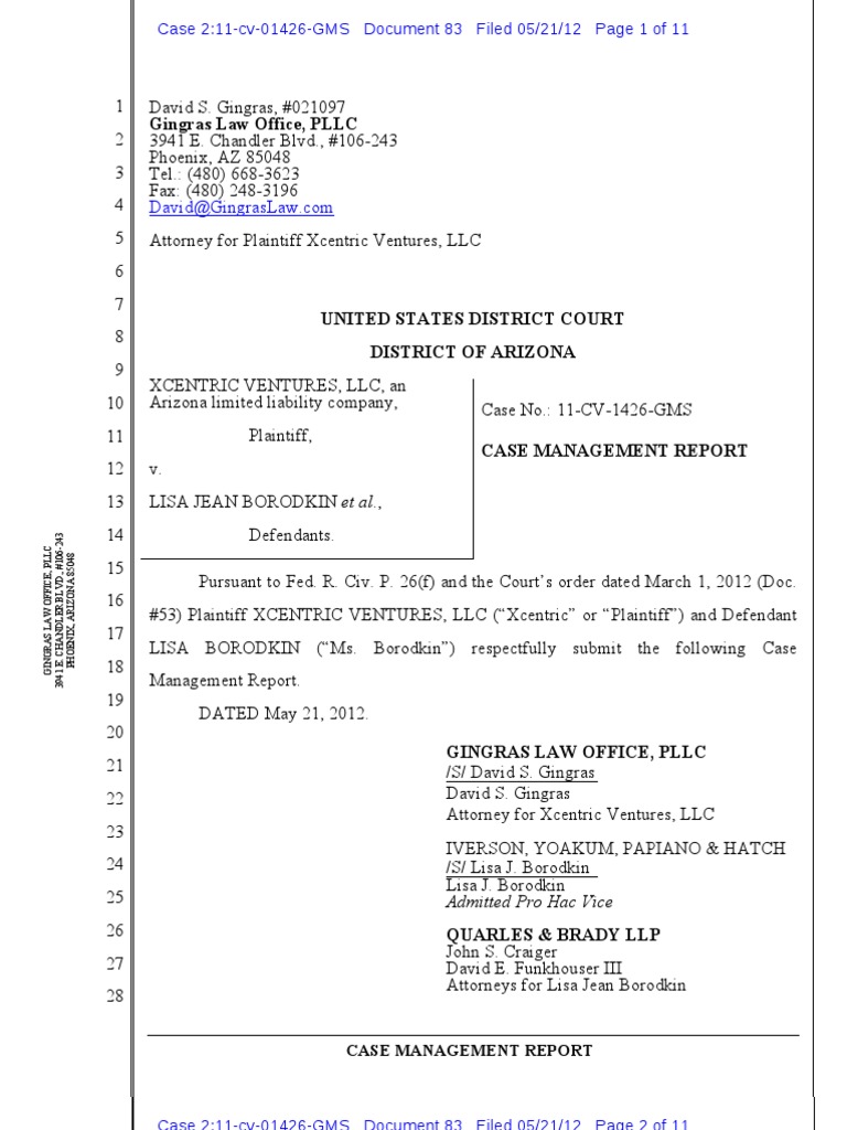 83 - Case Management Report | PDF | Discovery (Law) | Federal Rules Of ...