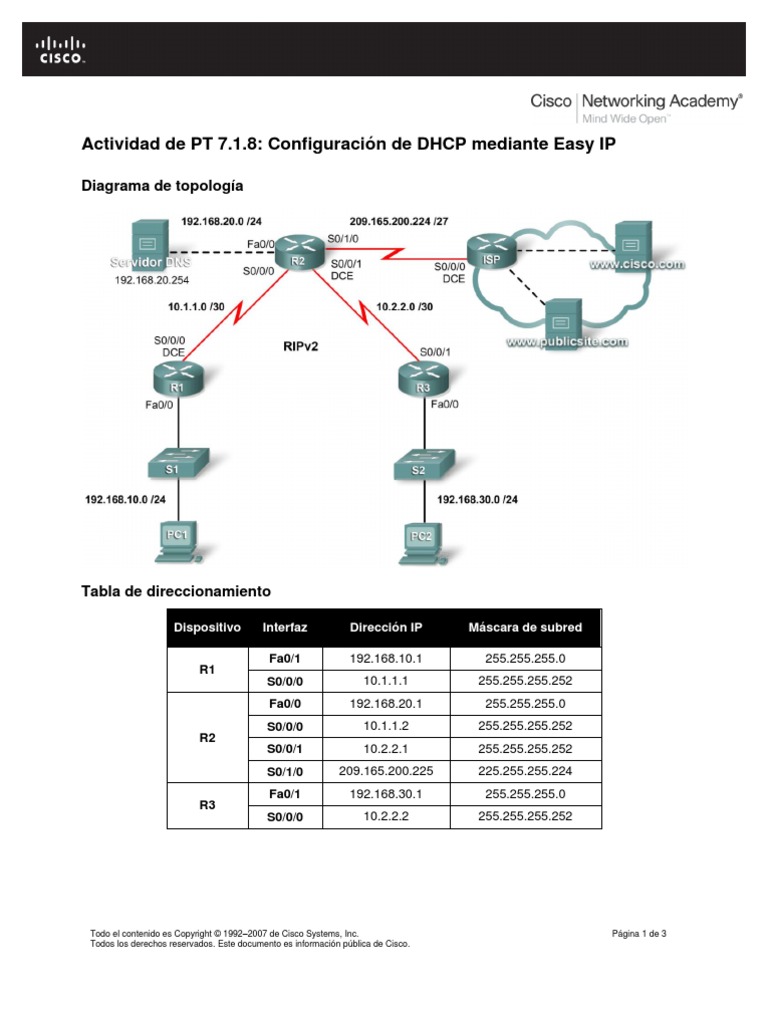 Actividad de PT 7.1.8 Configuración de DHCP Mediante Easy IP | PDF | Dirección IP | sistema de ...