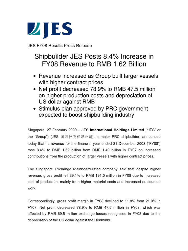 JES International Holdings Limited FY2008 Press Release | PDF ...