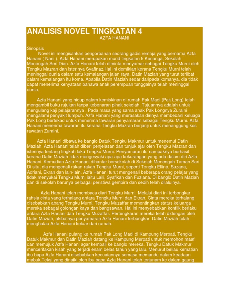Analisis Novel Tingkatan 4 Azfa Hanani | PDF