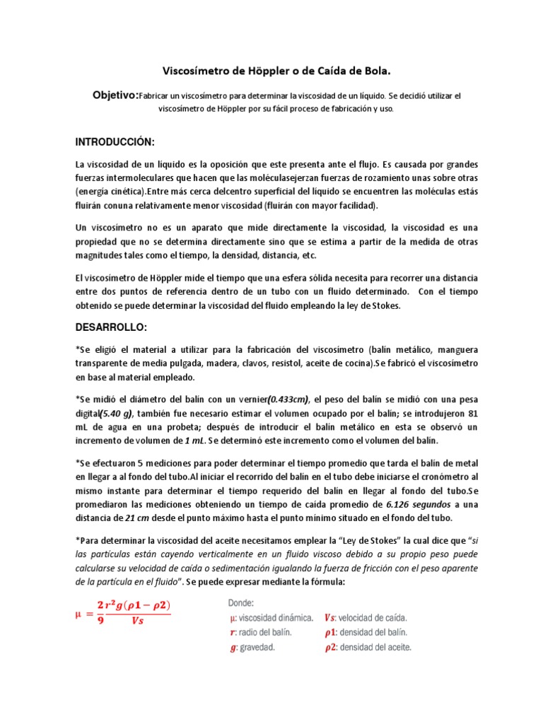 Viscosímetro de Höppler: Fabricación y Uso | PDF | Viscosidad | Líquidos
