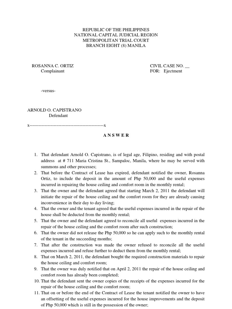 Answer (Ejectment Case) | PDF | Lease | Expense