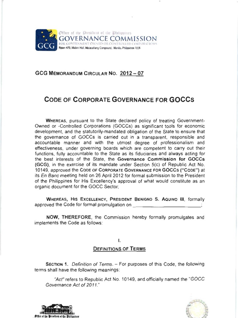 GCG MC No. 2012-07 - Code of Corp Governance PDF | PDF | Board Of ...