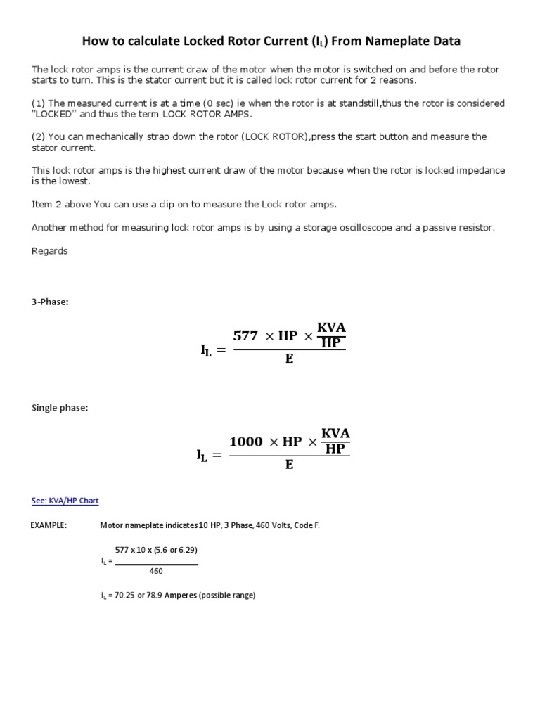 How To Calculate Locked Rotor Current (IL) From Nameplate Data | PDF ...