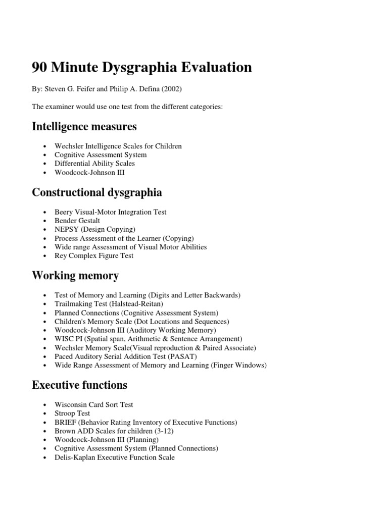 Dysgraphia Evaluation and Assessment Tools | PDF | Executive Functions ...