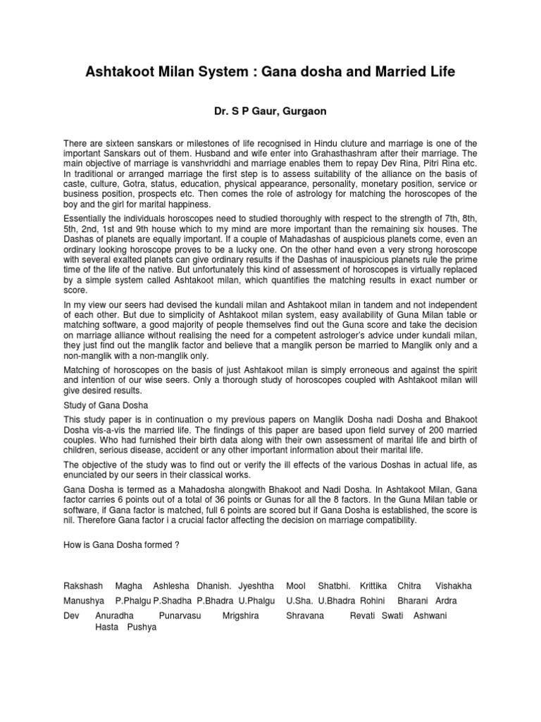 Ashtakoot Milan System - Gana Dosh | Download Free PDF | Marriage | Wife