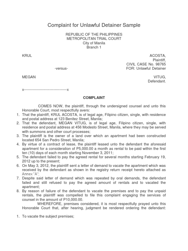 Complaint For Unlawful Detainer Sample | PDF | Eviction | Lawsuit