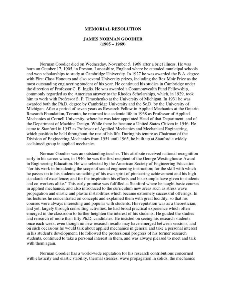 Memorial Resolution James Norman Goodier (1905 - 1969) | PDF ...
