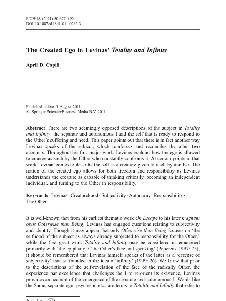 The Created Ego in Levinas' Totality and Infinity | PDF | Self | René ...