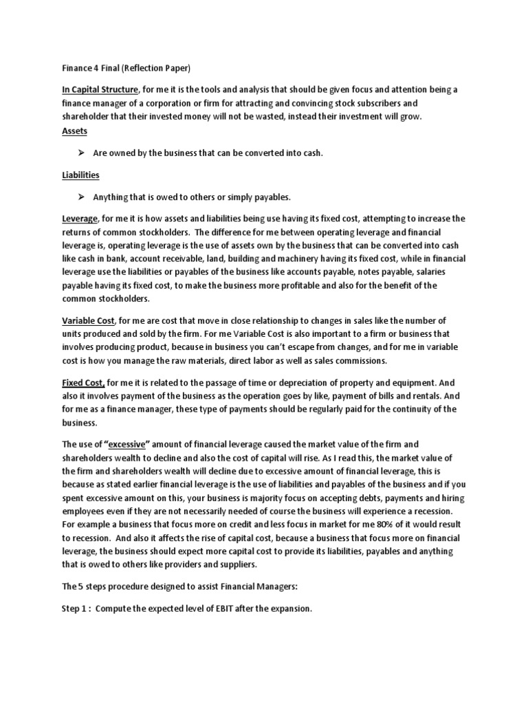 Finance Manager's Reflection on Leverage | PDF | Capital Structure ...