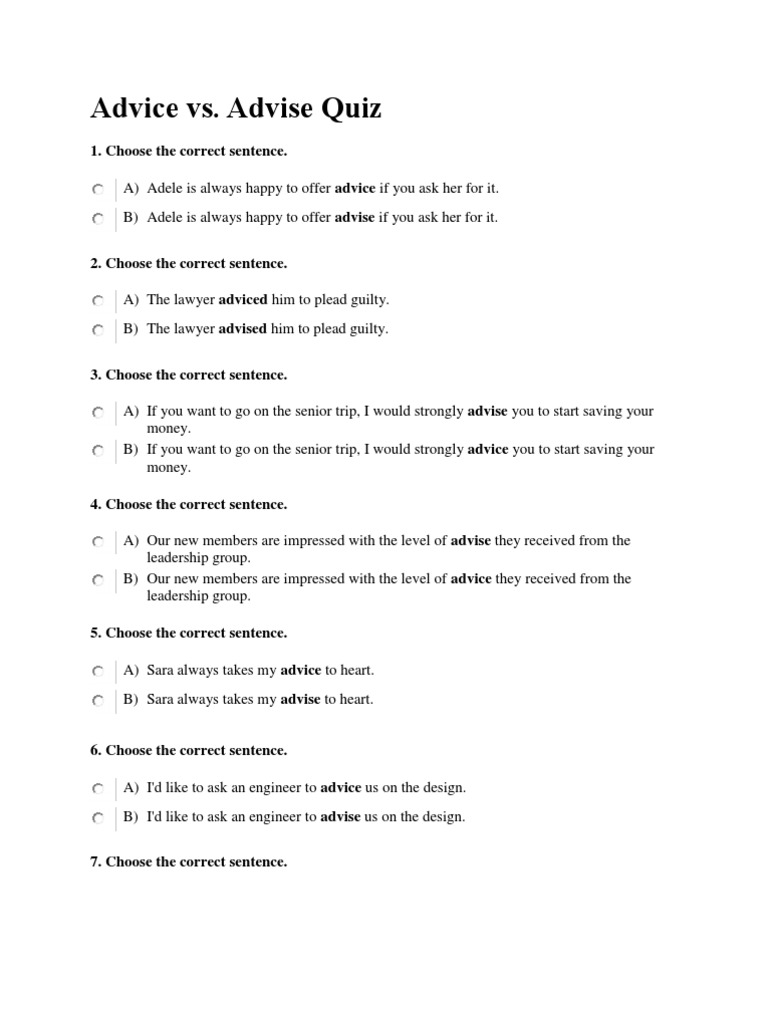 Advice vs. Advise Quiz: 1. Choose The Correct Sentence | PDF