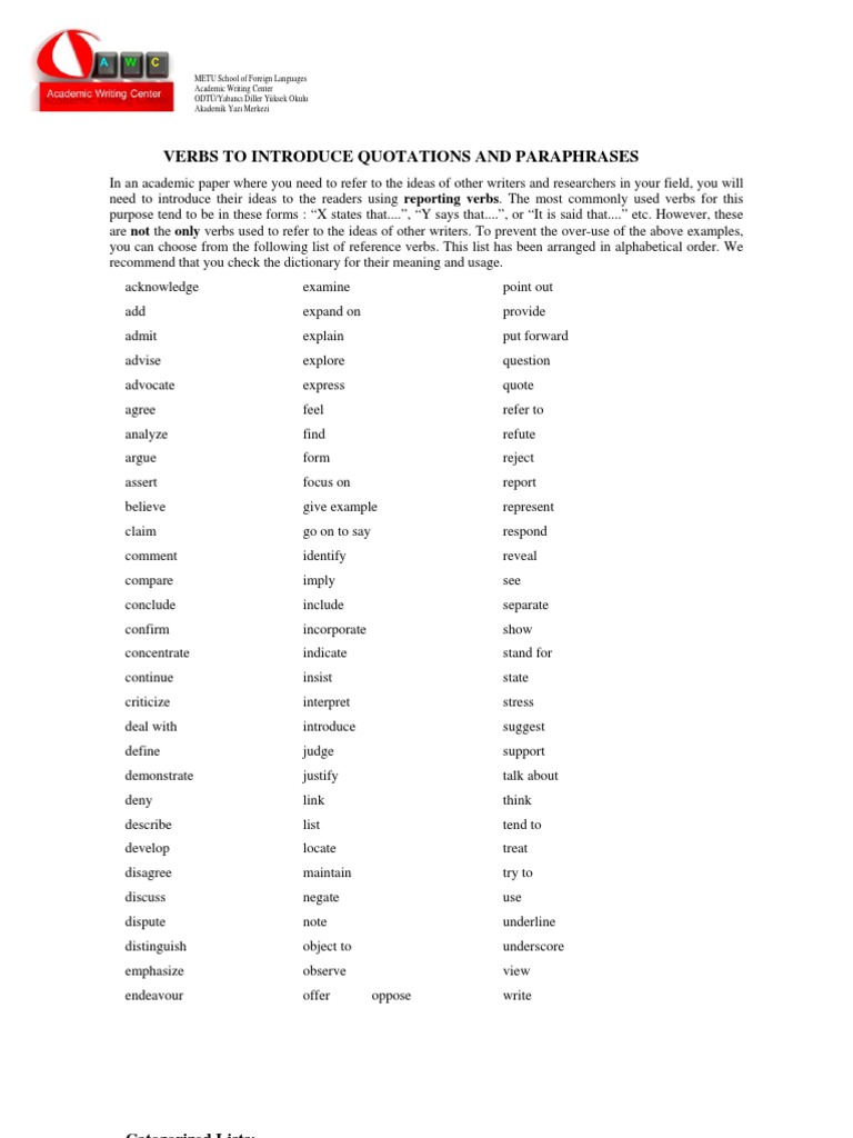 Verbs To Introduce Paraphrases and Quotations | PDF | Verb | Word