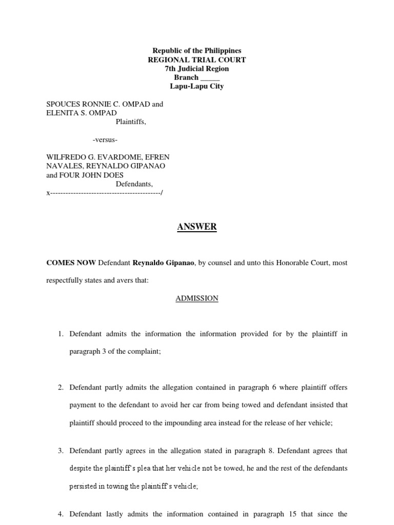 Answer Sample | PDF | Complaint | Judiciaries