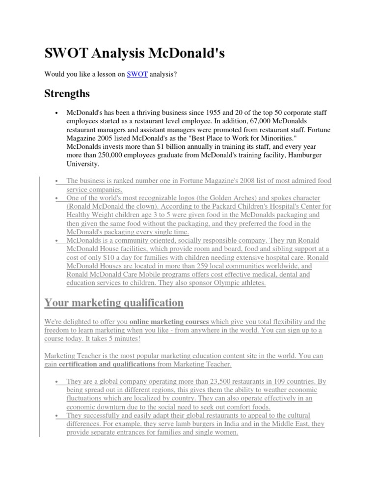 SWOT Analysis McDonald | PDF | Mc Donald's | Fast Food Restaurants