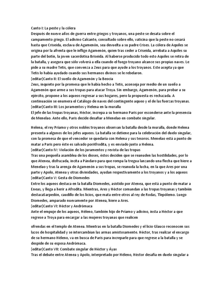 La Iliada Homero Resumen Por Cantos | PDF | Héctor | Aquiles