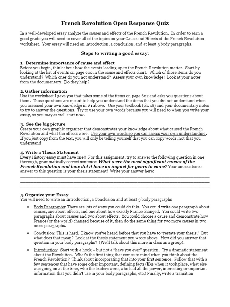 French Revolution Open Response Quiz | PDF | Question | Essays